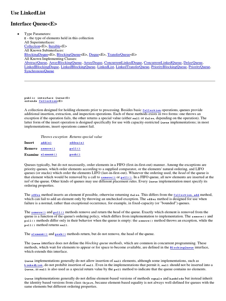 Use Linkedlist Interface Queue Throws Exception Returns Special Value Pdf Queue Abstract 