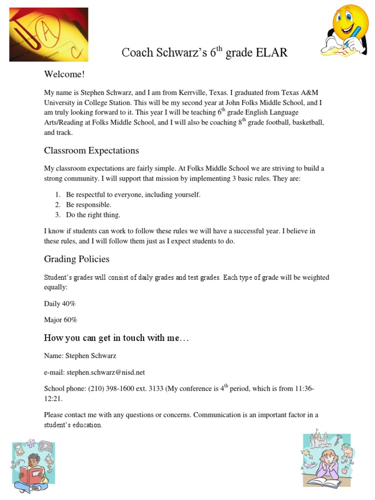 Coach Schwarz 6th Grade Elar Parent Handout | PDF | Wellness