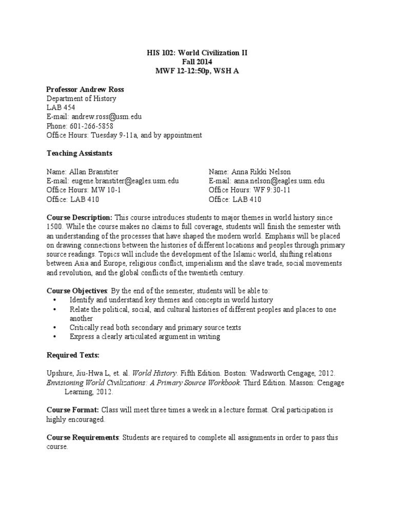 World Civilizations Since 1500 Syllabus | PDF | Tutor | Americans With ...