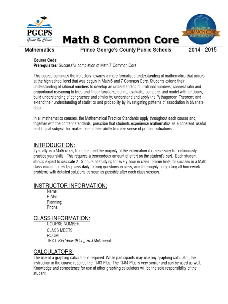 Math 8 Common Core Curriculum Overview | PDF | Numbers | Equations