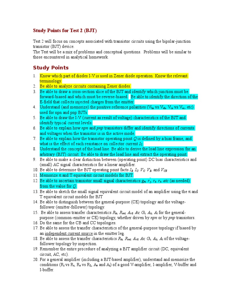 Study Points For Test 2 (BJT) | PDF | Bipolar Junction Transistor ...