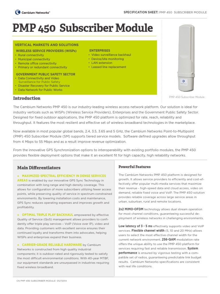 PMP 450 Subscriber Module: Vertical Markets and Solutions | PDF | Voice ...