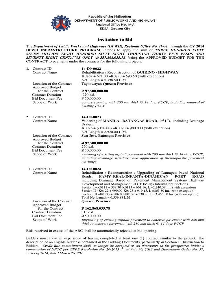 Invitation To Bid: DPWH Infrastructure Program, Intends To Apply The ...