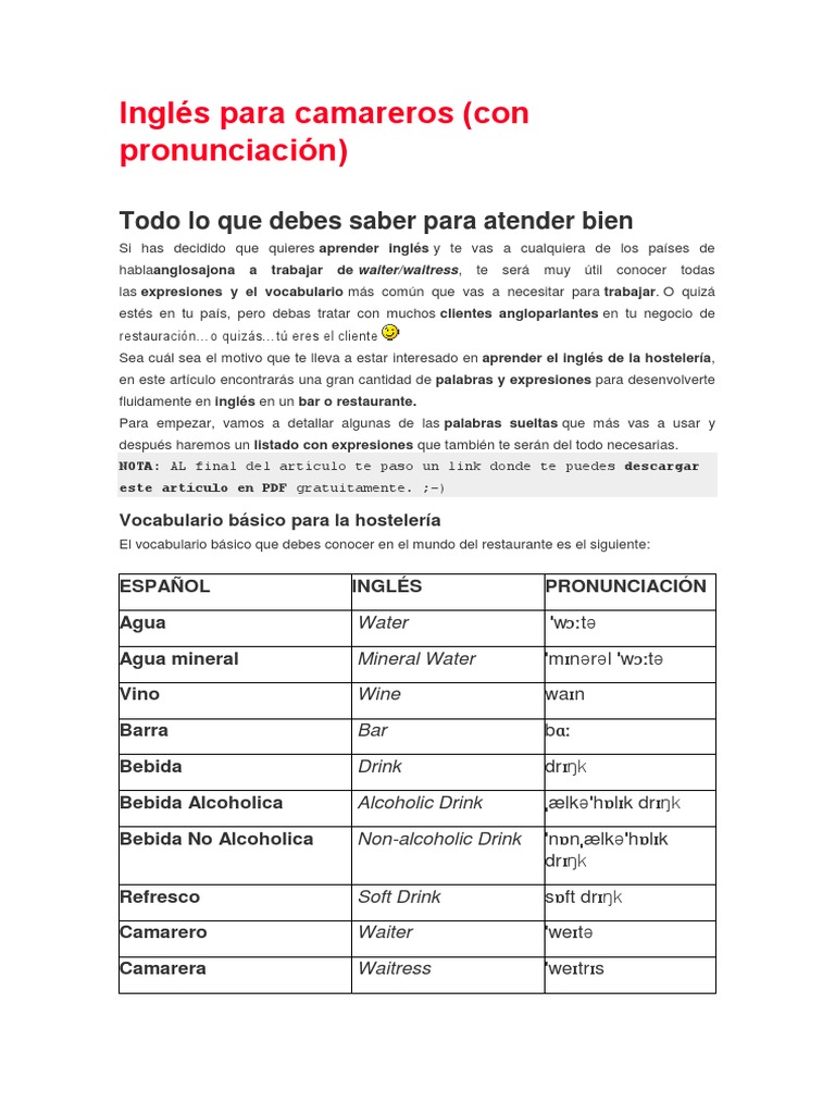 Inglés Básico para Camareros | PDF | Comida y bebida | Preparación de ...