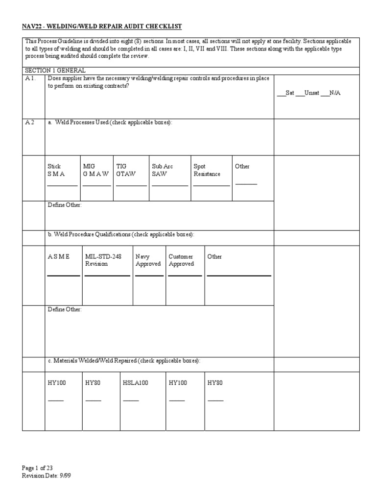 Nav22 - Welding/Weld Repair Audit Checklist | PDF | Welding | Construction