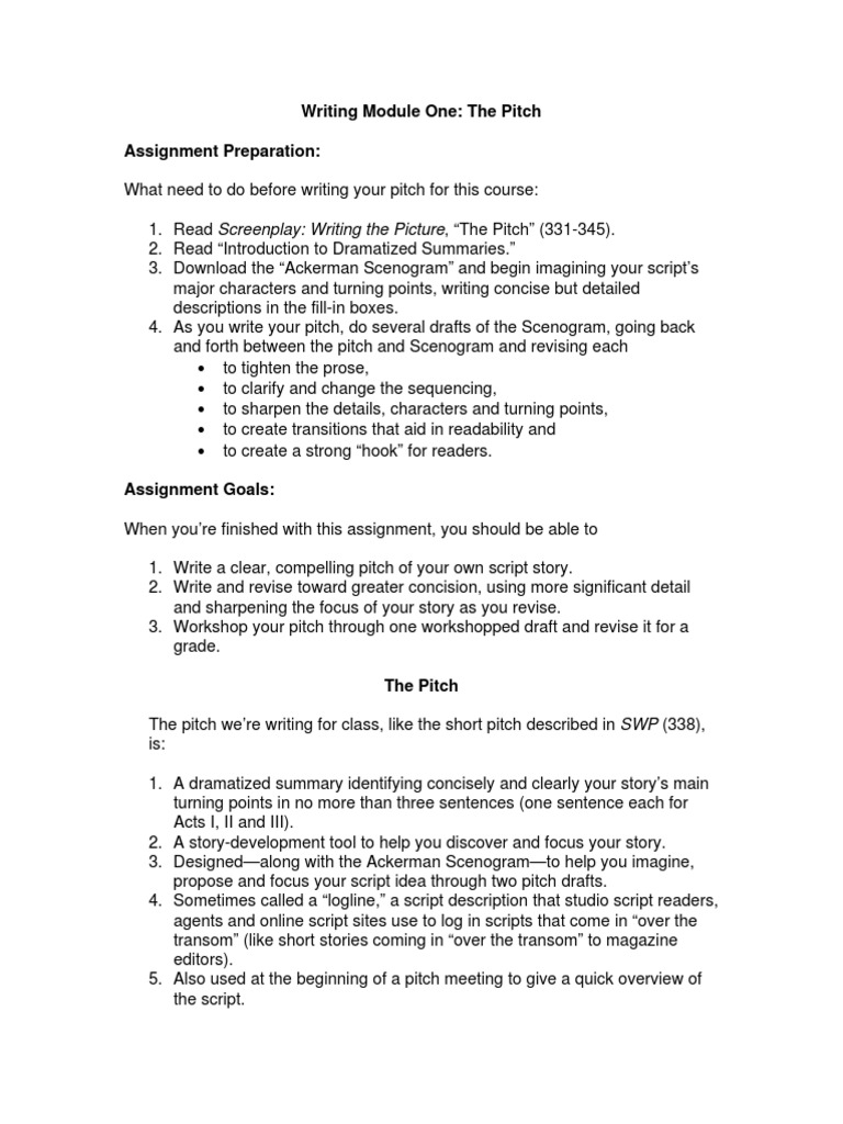 Writing Module One: The Pitch Assignment Preparation | PDF | Narration