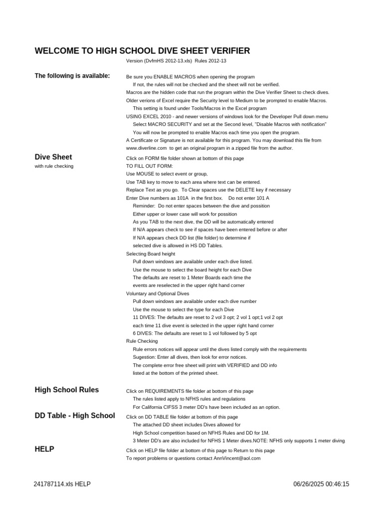 Welcome To High School Dive Sheet Verifier | PDF | Microsoft Excel ...