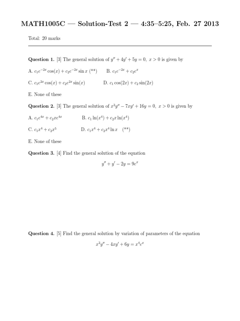 Math1005 TT2 2013W | PDF | Equations | Differential Equations