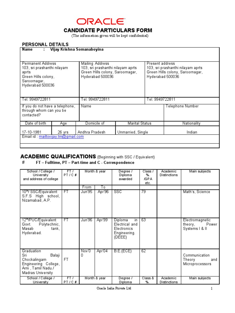 Candidate Particular Form | PDF | Employee Benefits | Diploma