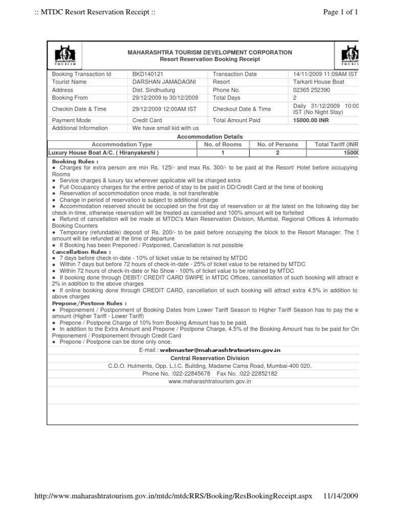 MTDC Resort Reservation Receipt | PDF | Credit Card | Receipt