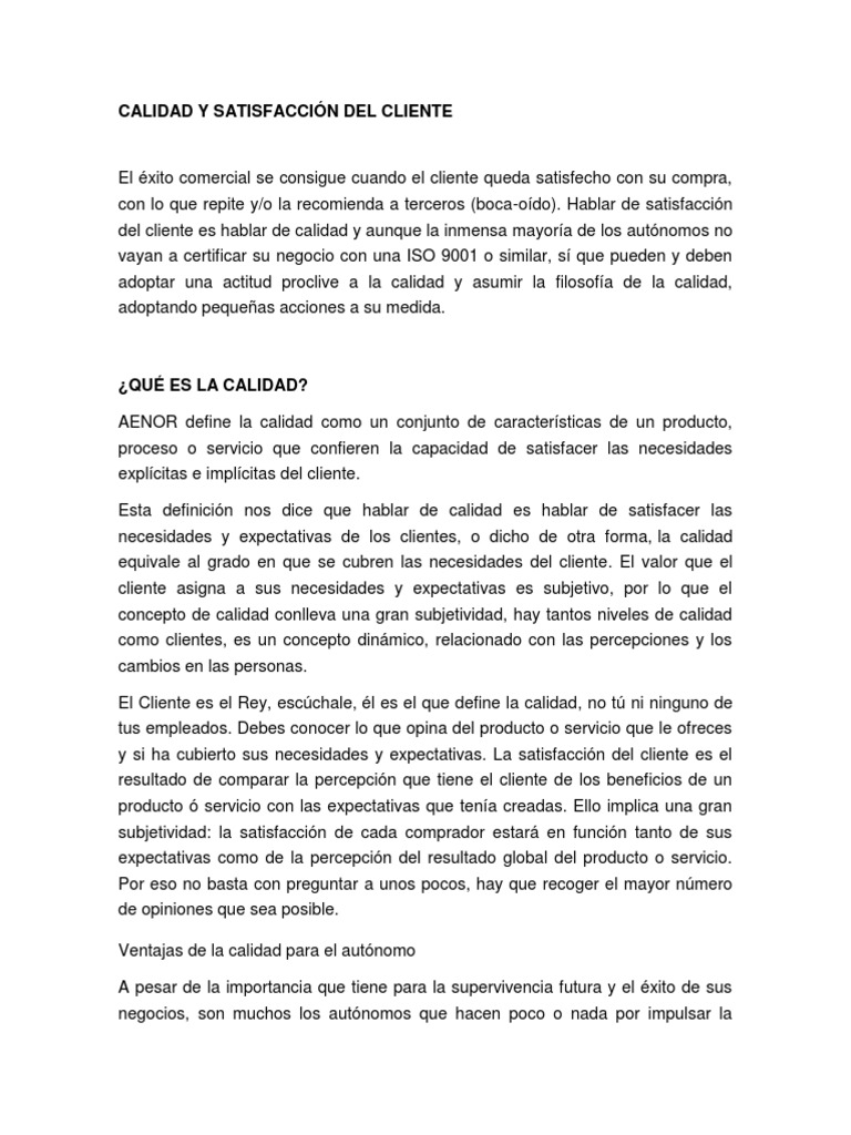 Calidad y Satisfacción Del Cliente | PDF