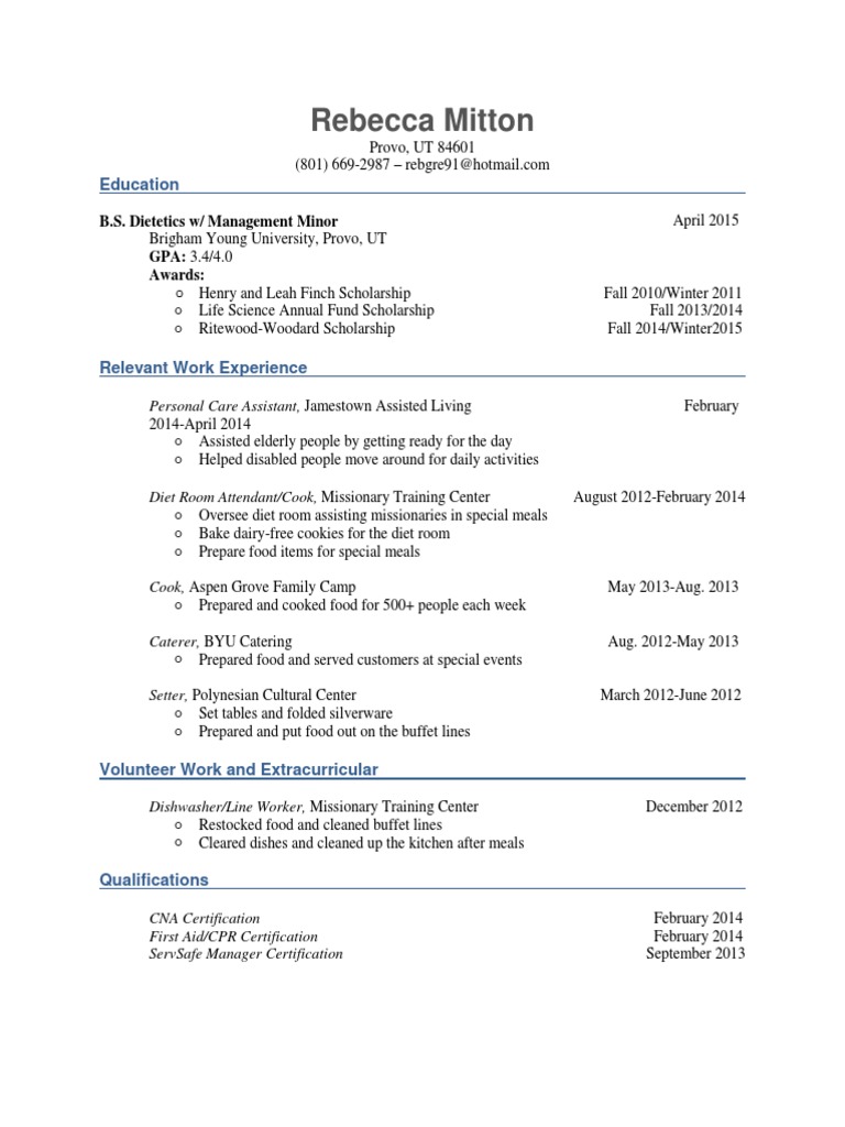 Rebecca Mitton: Dietetics Graduate Resume | PDF | Wellness