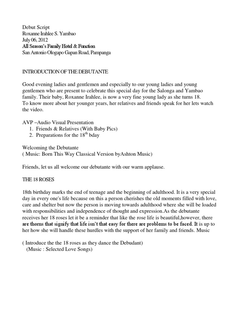 Debut Script Roxanne Irah Lee Yambao | PDF | Birthdays | Leisure