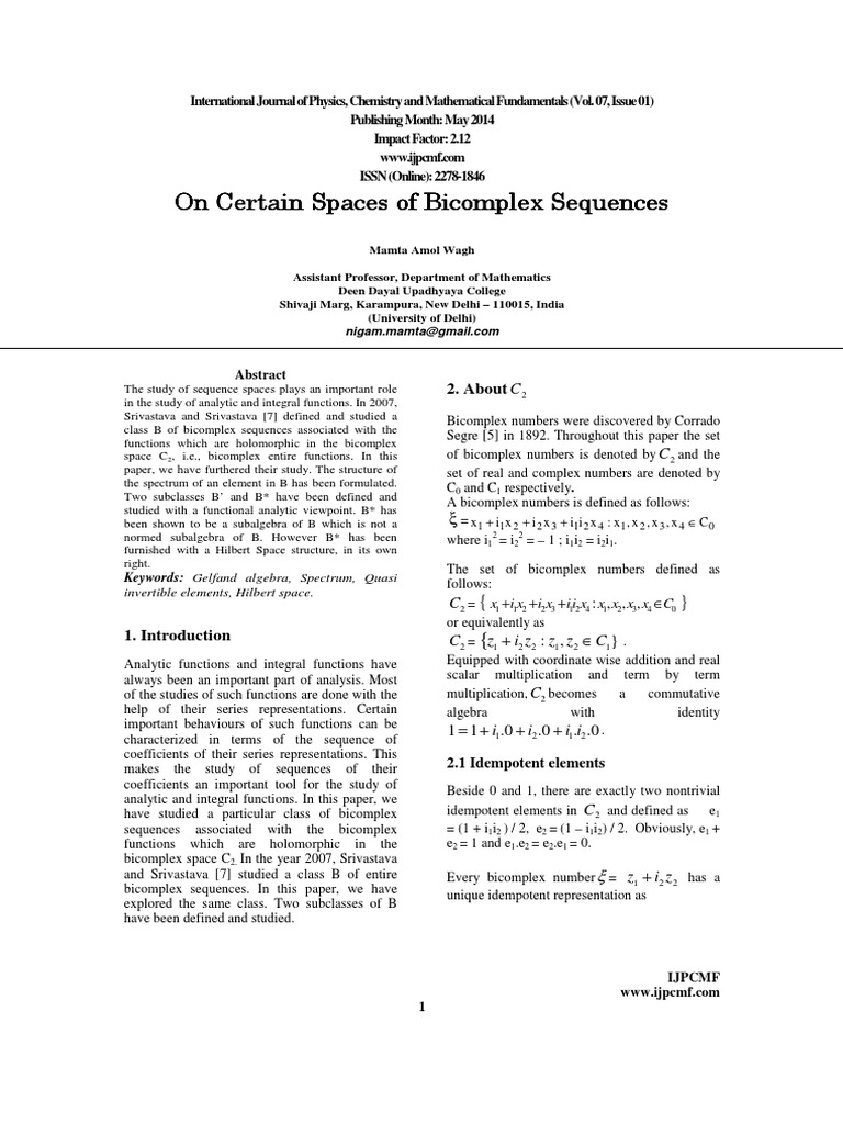 On Certain Spaces of Bicomplex Sequences | PDF | Complex Number | Holomorphic Function