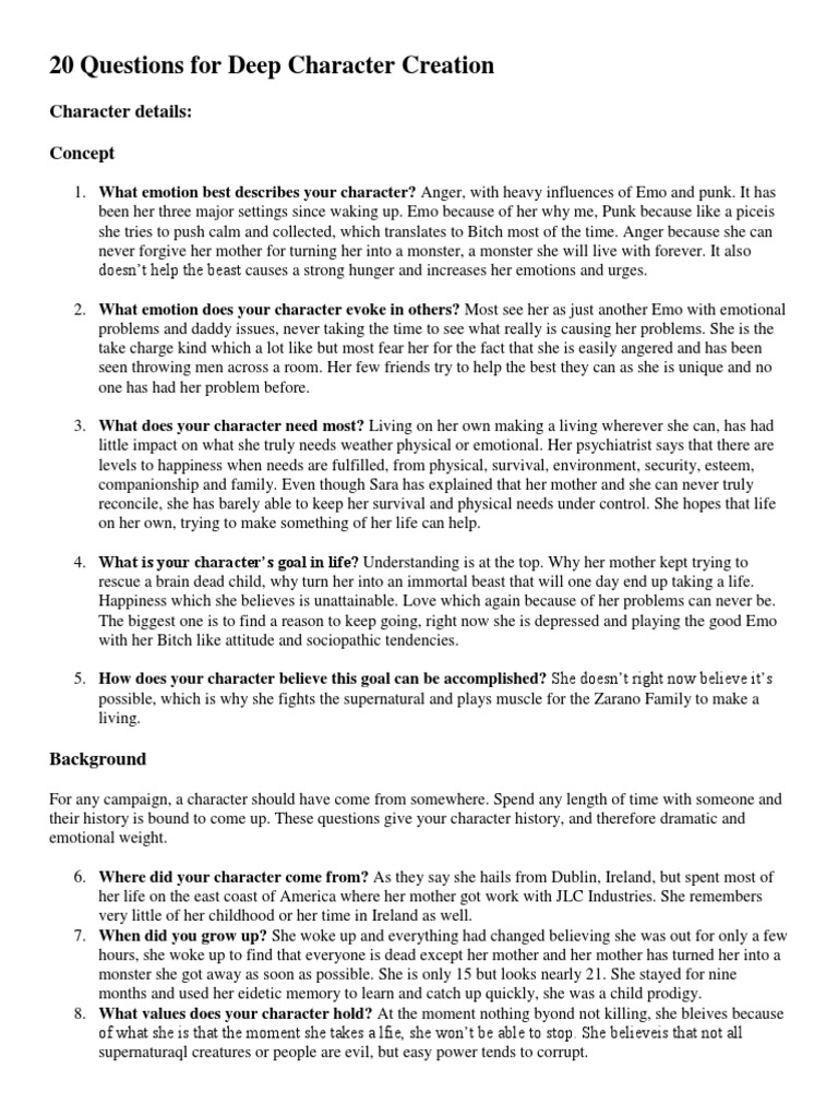 20 Questions For Deep Character Creation Mondern | PDF | Anger
