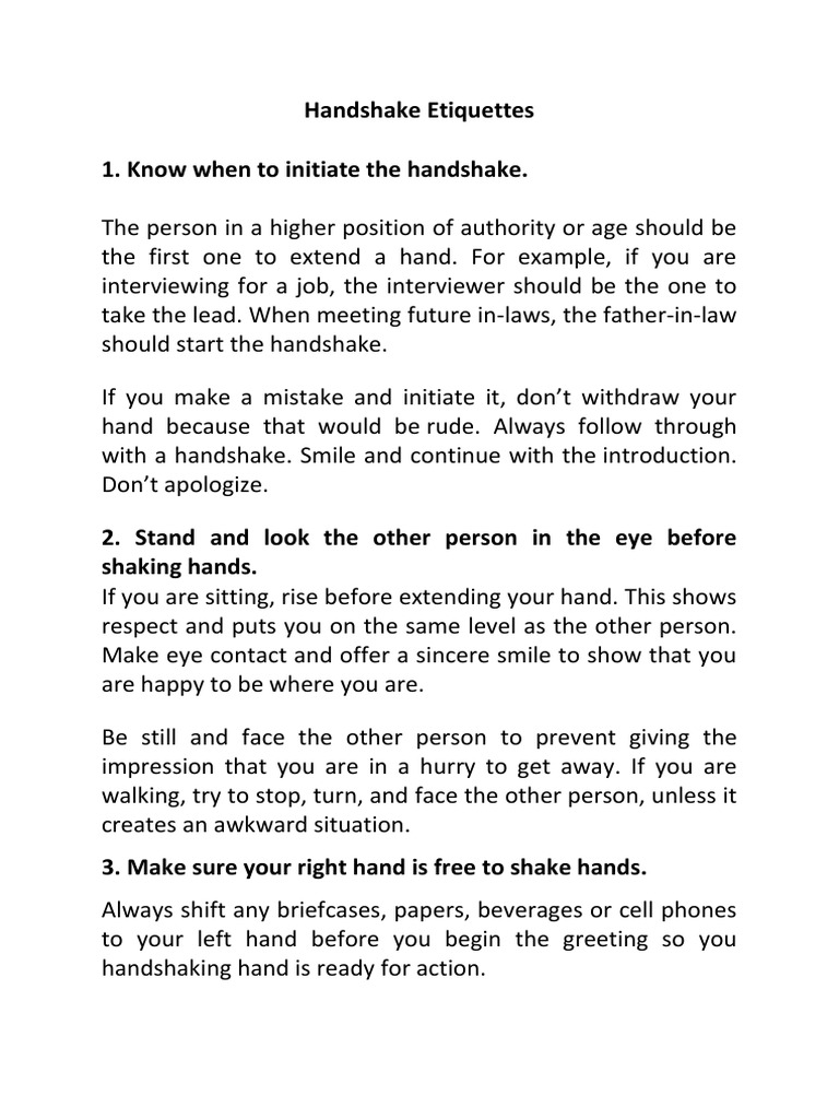 Handshake Etiquettes 1. Know When To Initiate The Handshake | PDF