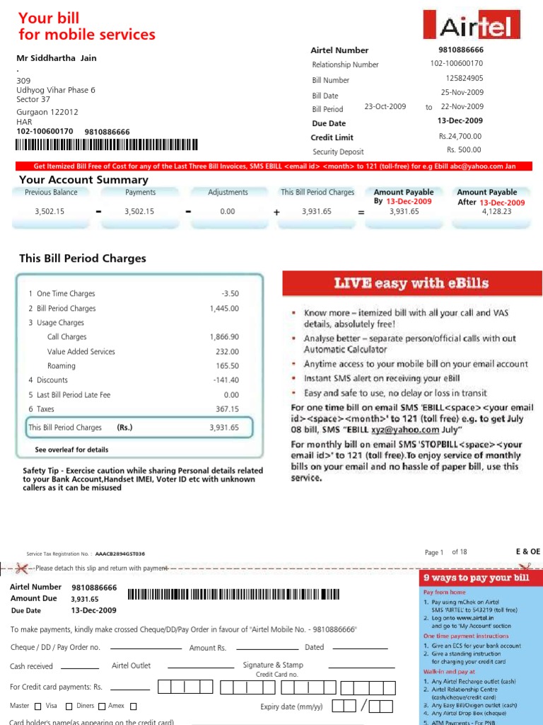Your Bill for Mobile Services | Invoice | Credit Card