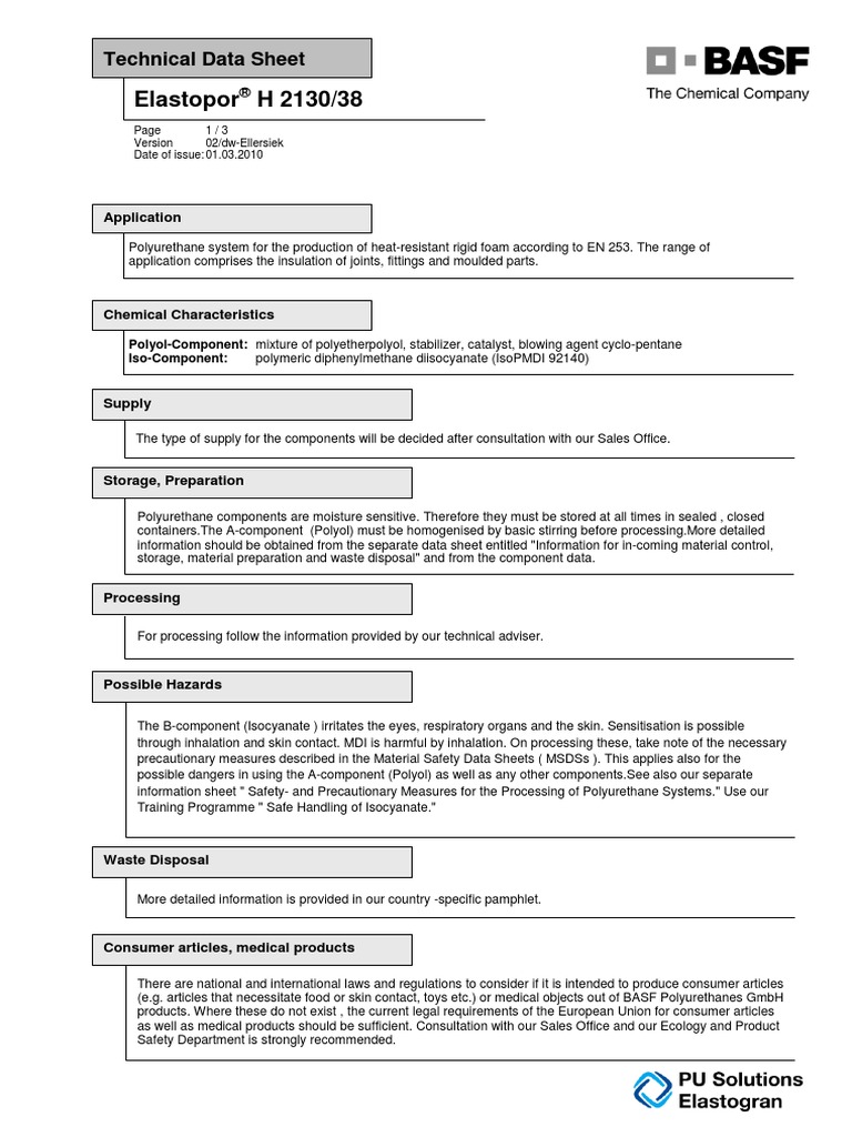 Elastopor H 2130-38 Material Certificate | PDF | Polyurethane | Chemistry