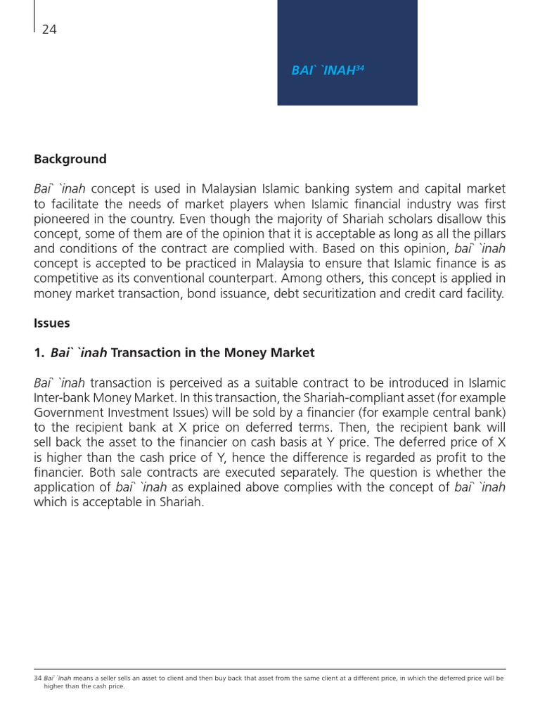 Background: Bai' 'Inah Concept Is Used in Malaysian Islamic Banking ...