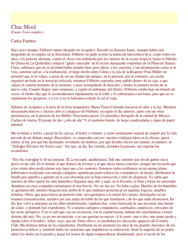 Chac Mool de Carlos Fuentes y Otro Cuentos | PDF