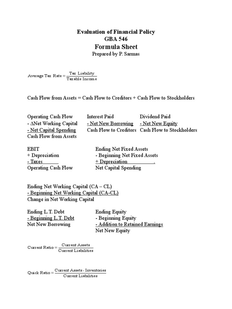 Financial Policy Evaluation Formula Sheet | PDF