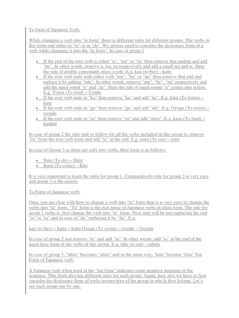 Te Form of Japanese Verb | PDF | Languages Of Asia | Syntax
