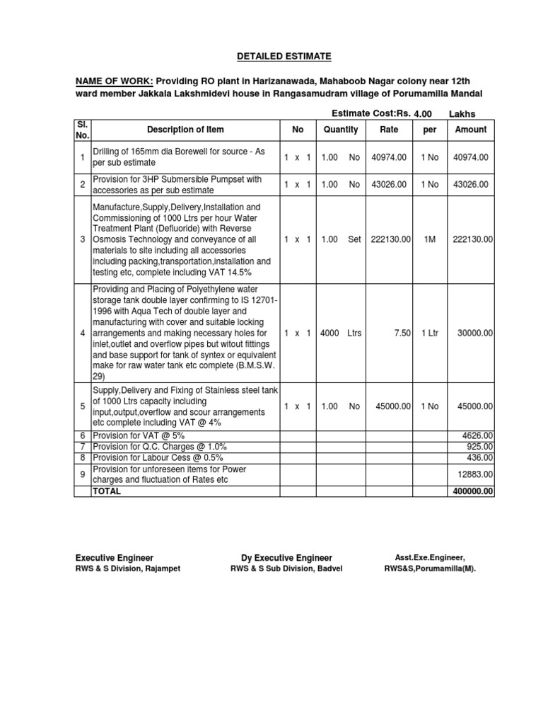 Water Plant Estimate | PDF | Industries | Water