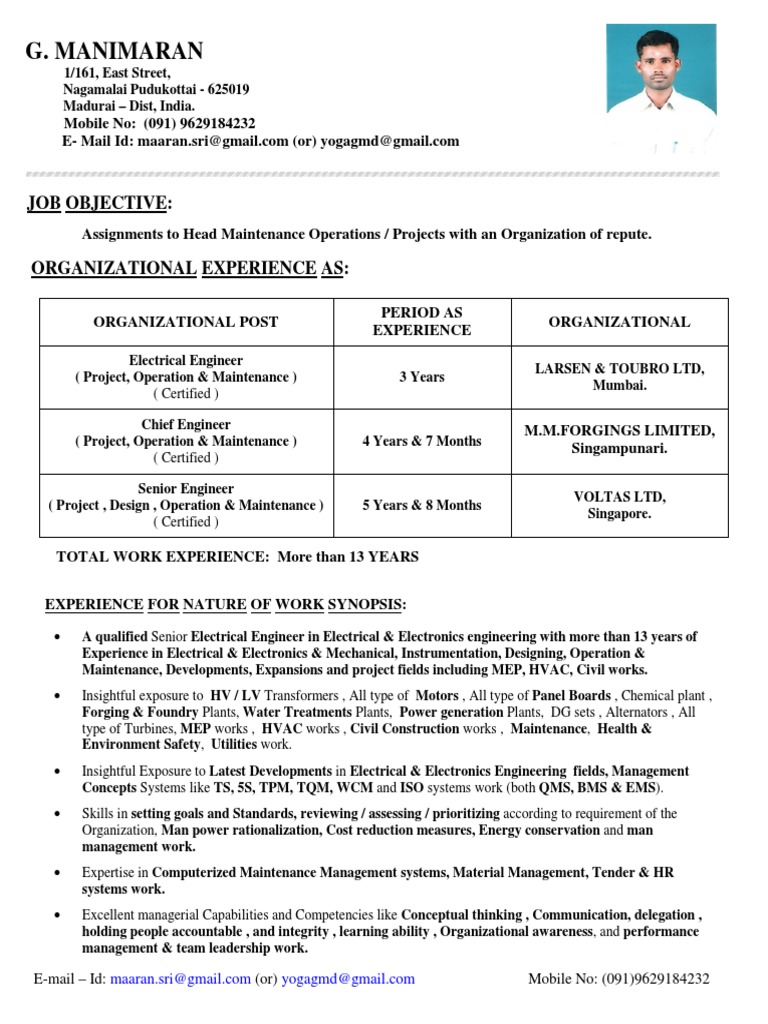 Mani Resume - 1 | PDF | Institute Of Technology | Electrical Engineering