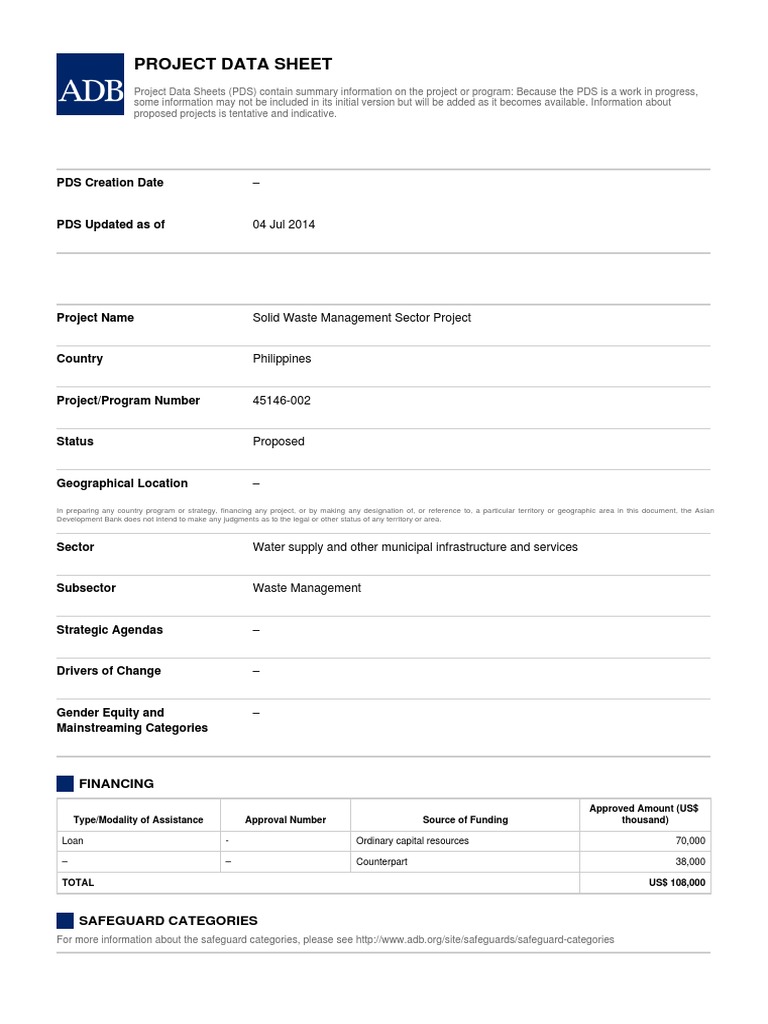 Project Data Sheet: PDS Creation Date | PDF | Waste | Economies