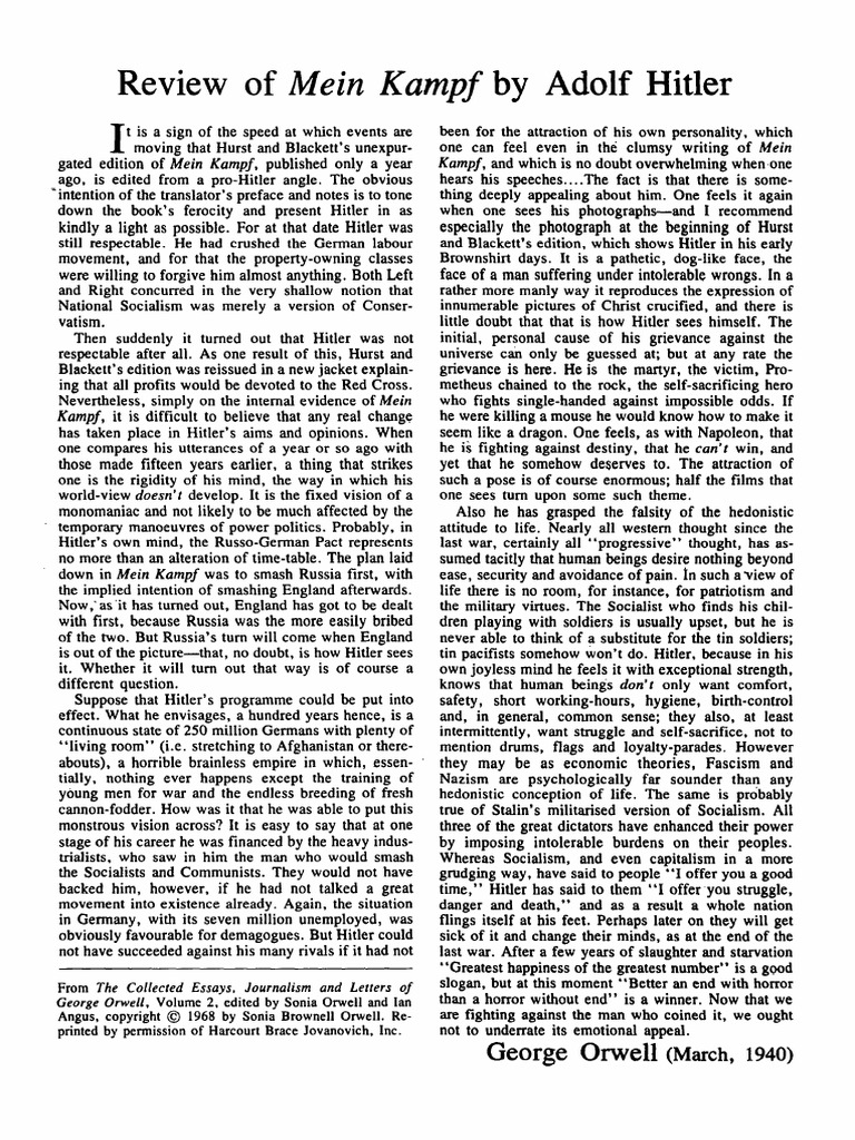 George Orwell Review of Mein Kampf by Hitler in 1940 | PDF | Adolf ...