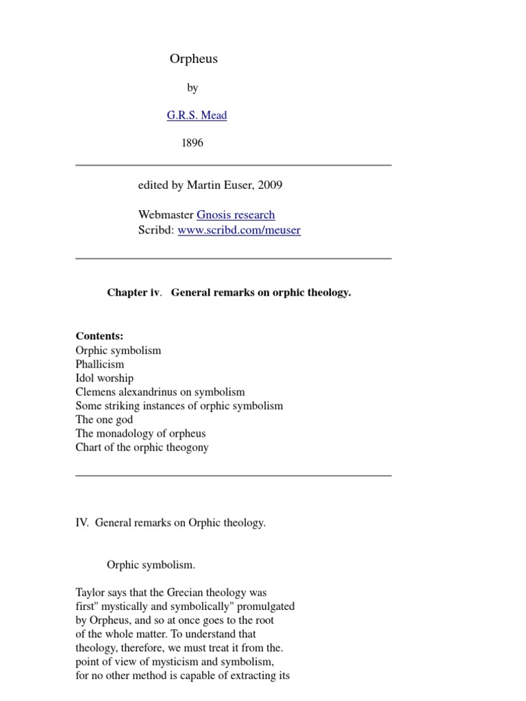 G.R.S. Mead's Orpheus, Chapter Four | PDF | Orpheus | Pythagoras