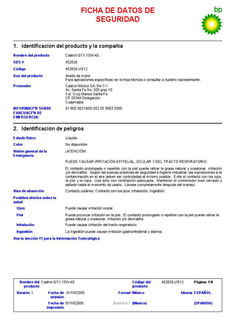 5.-Msds Aceite Castrol | PDF | Contaminación | Residuos