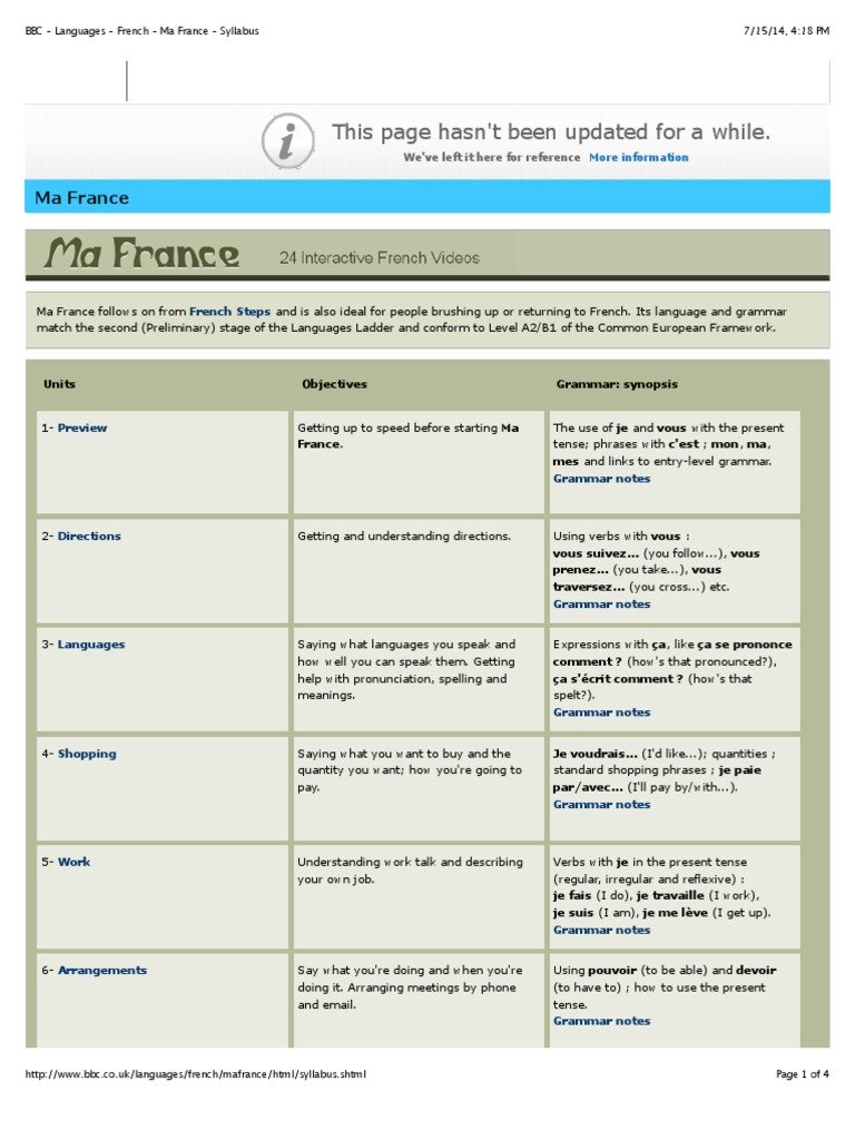 BBC - Languages - French - Ma France - Syllabus | PDF | Grammar ...