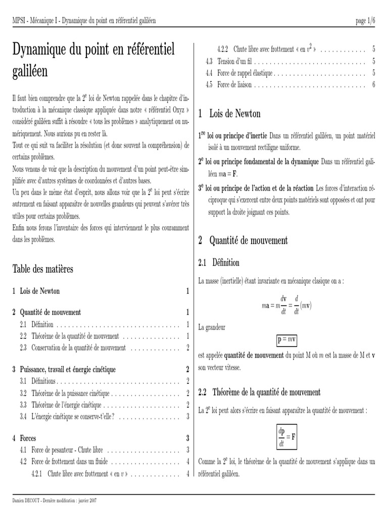 Cours Mecanique Dynamique Point | PDF | Lois du mouvement de Newton ...