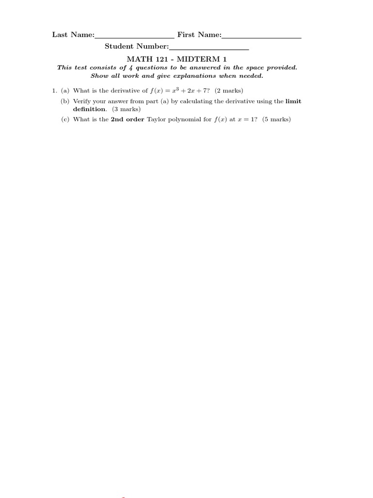 Last Name: First Name: Student Number: Math 121 - Midterm 1 | PDF | Electrical Resistance And ...