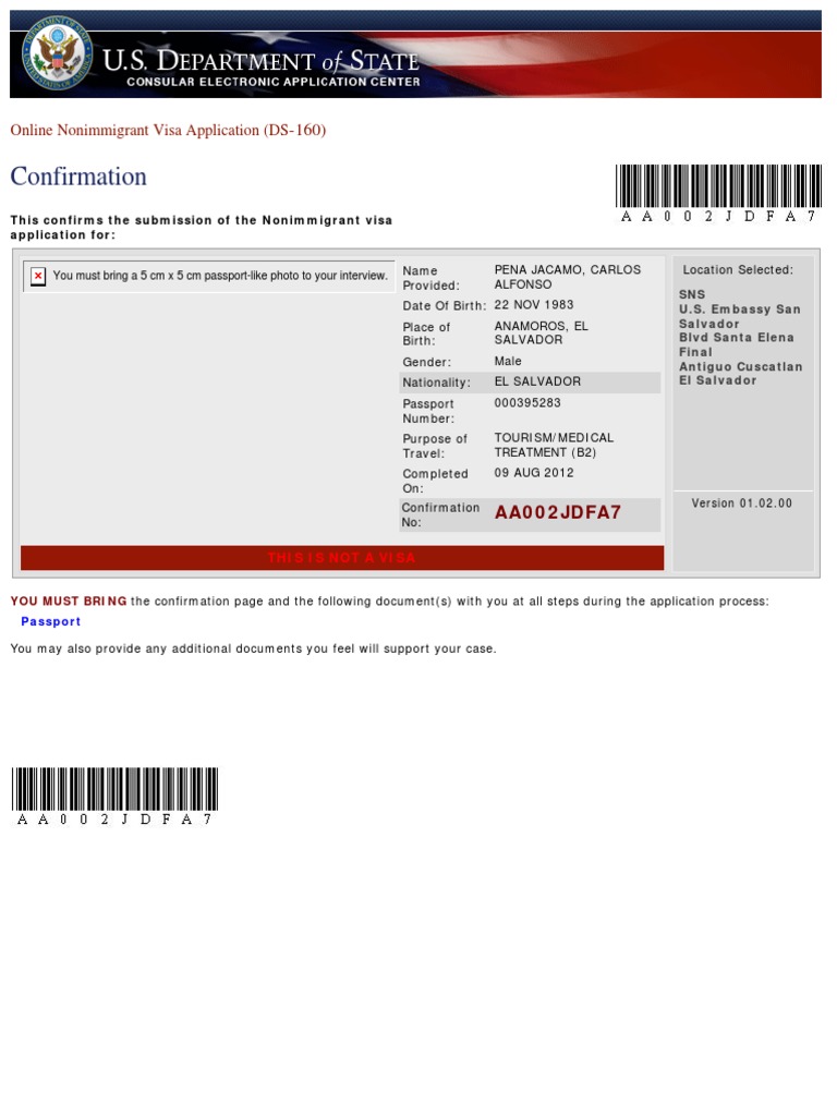 Confirmation: Online Nonimmigrant Visa Application (DS-160) | PDF ...