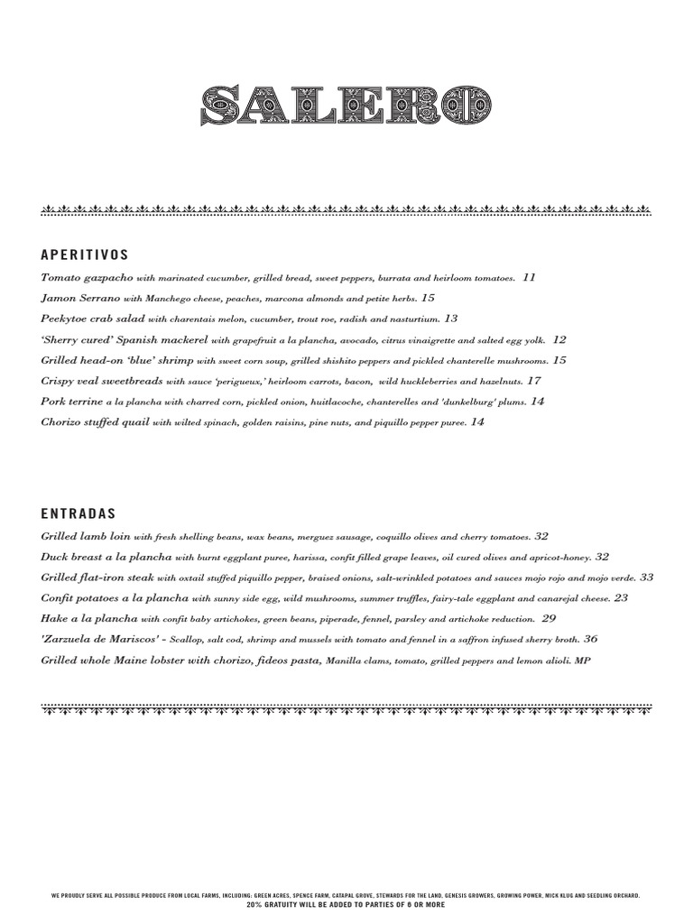 Aperitivos: 20% Gratuity Will Be Added To Parties of 6 or More | PDF