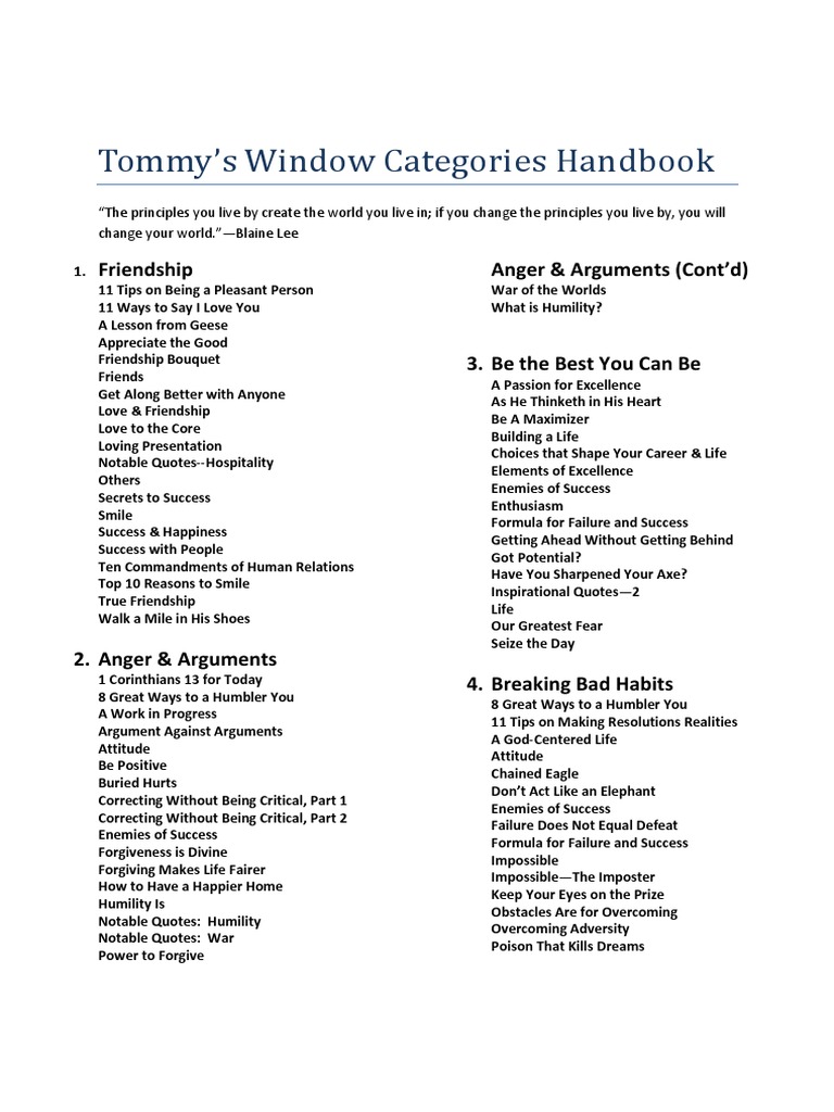 Tommys Window Categories Guide | PDF | Happiness | Forgiveness