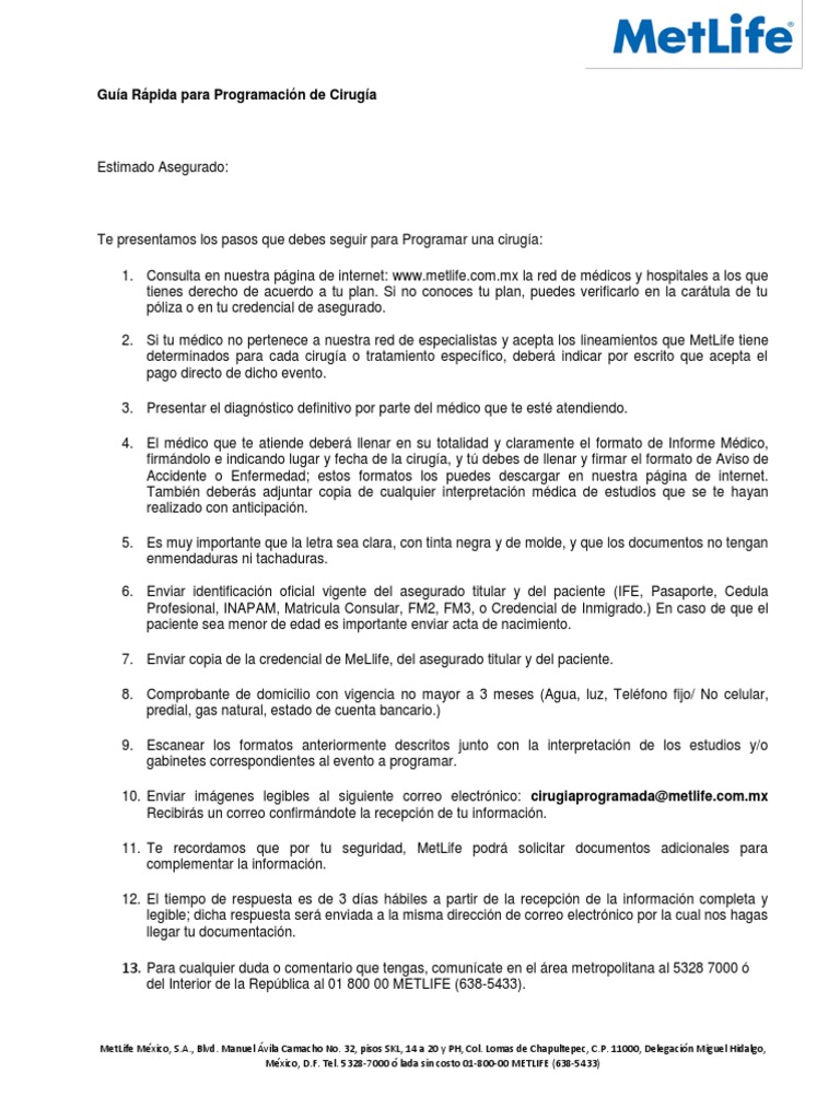 Guía Rápida Con Información de Cirugía Programada - MetLife | PDF ...
