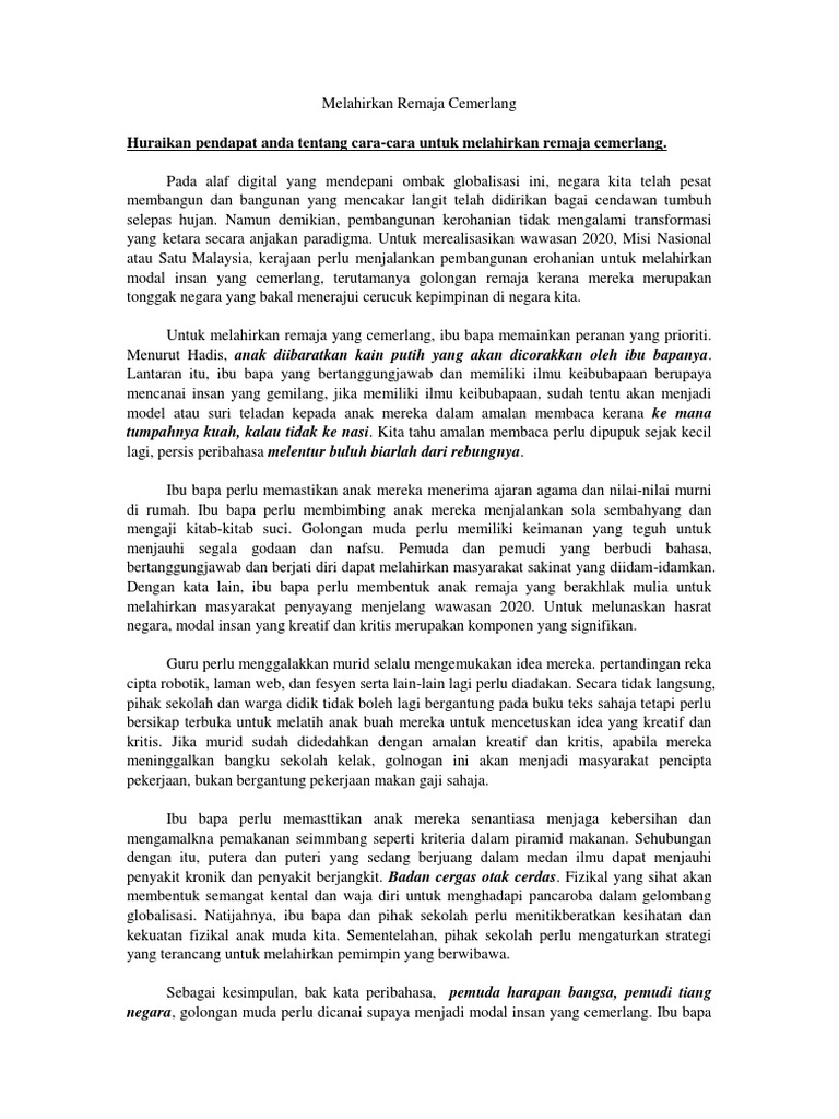 Remaja Cemerlang - Contoh Karangan | PDF