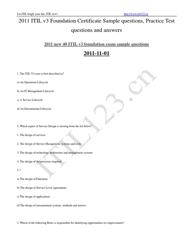 ITIL v3 Foundation Exam Sample Questions | PDF