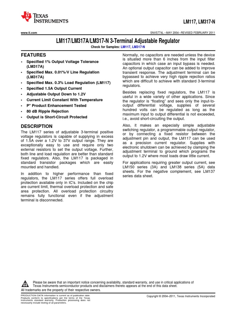 LM117/LM317A/LM317-N 3-Terminal Adjustable Regulator: Features | PDF ...