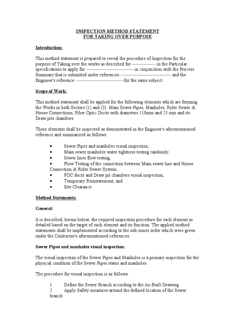 Sewer Line Inspection Method Statement | PDF | Sanitary Sewer | Nature
