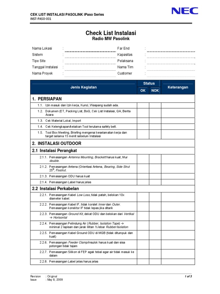 Check List Instalasi Pasolink IPaso Series | PDF