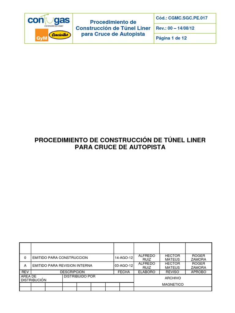 Procedimiento Tunel Liner Rev | PDF | Túnel | Calidad (comercial)