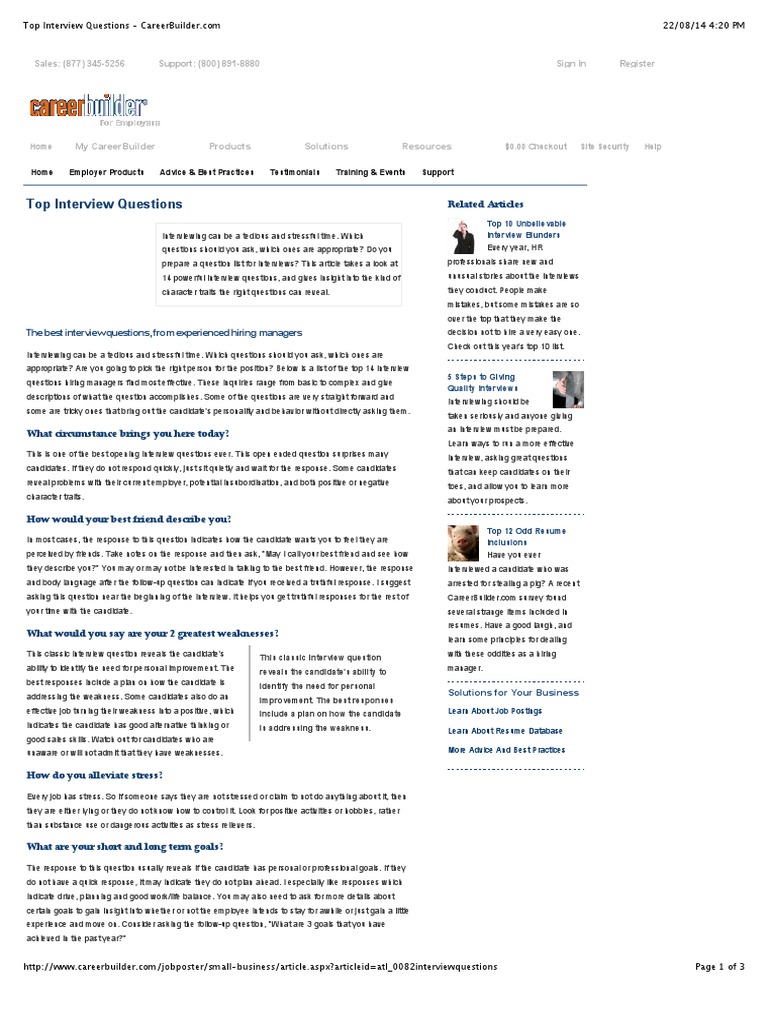 Top Interview Questions: My Careerbuilder Products Solutions Resources | PDF | Recruitment ...