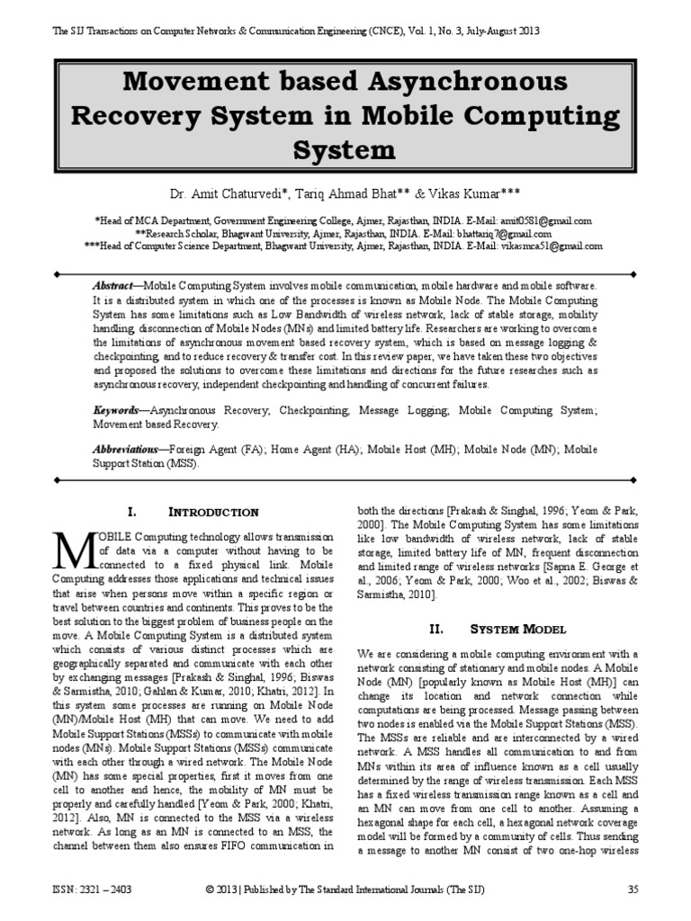 Movement Based Asynchronous Recovery System In Mobile Computing System Pdf Distributed