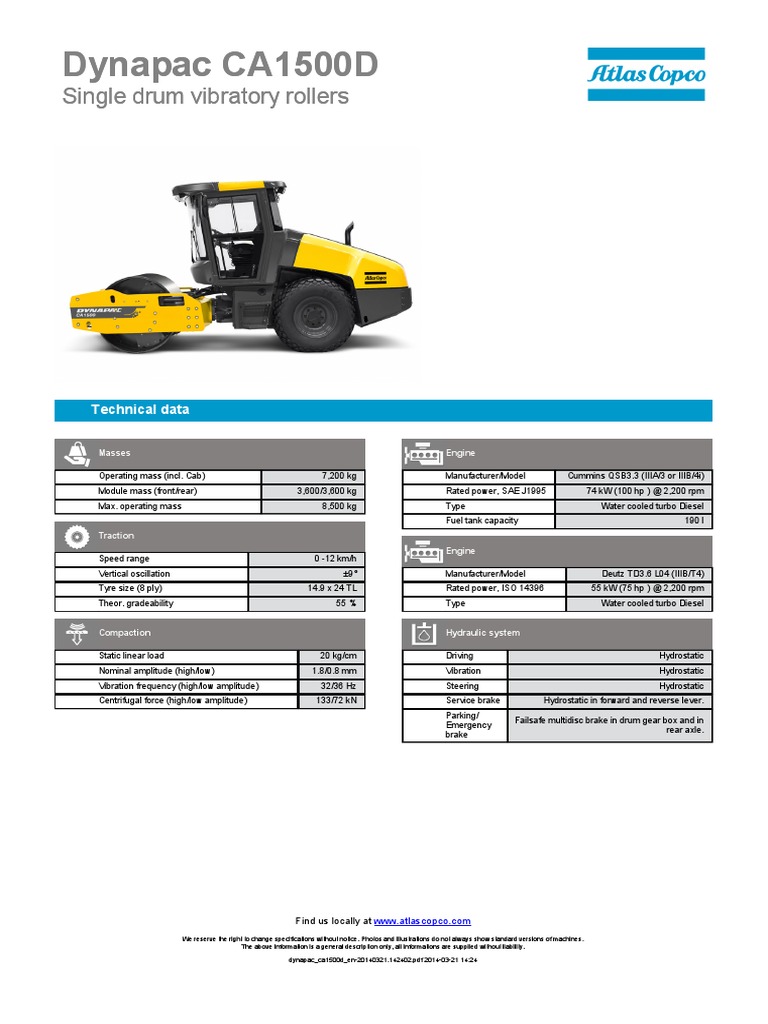 Dynapac CA1500D Single Drum Vibratory Roller: Technical Specifications ...