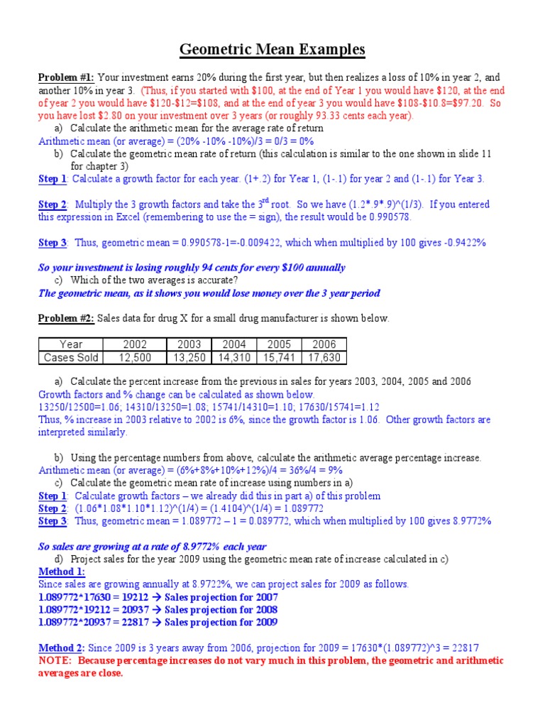 Geometric Mean Examples Solutions PDF Arithmetic Mean Percentage