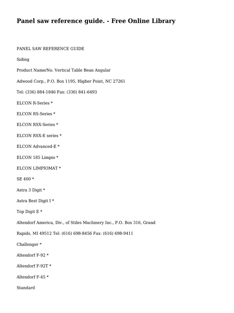 Panel Saw Reference Guide. - Free Online Library | PDF